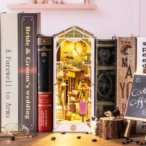 rolife diy book nook kit 3d wooden puzzle for adults 9.5" bookshelf indert decor with led miniature dollhouse kit bookend crafts diorama hobbies gifts for boys girls (sunshine town)