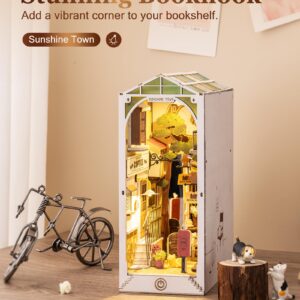 Rolife DIY Book Nook Kit 3D Wooden Puzzle for Adults 9.5" Bookshelf Indert Decor with LED Miniature Dollhouse Kit Bookend Crafts Diorama Hobbies Gifts for Boys Girls (Sunshine Town)