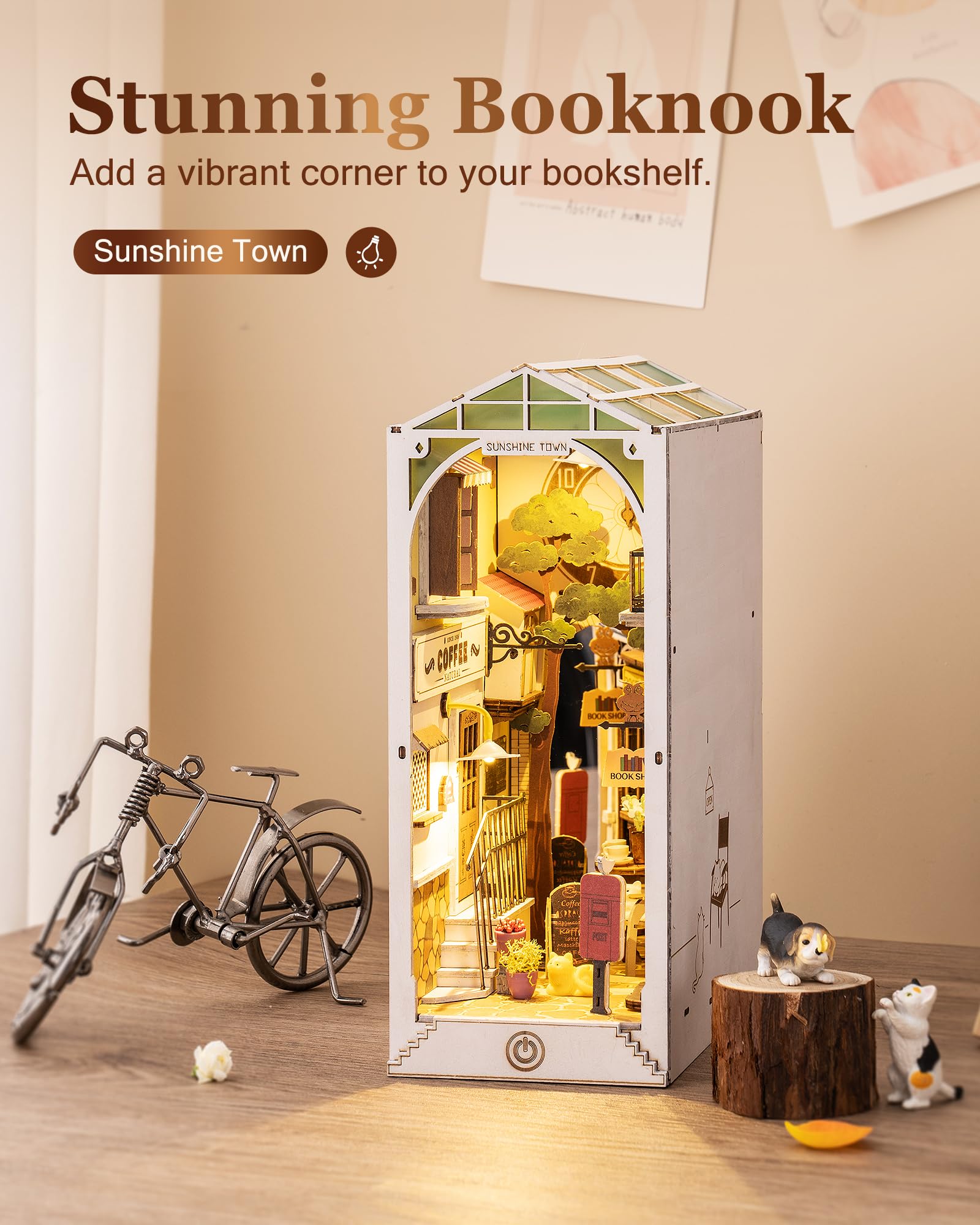 Rolife DIY Book Nook Kit 3D Wooden Puzzle for Adults 9.5" Bookshelf Indert Decor with LED Miniature Dollhouse Kit Bookend Crafts Diorama Hobbies Gifts for Boys Girls (Sunshine Town)