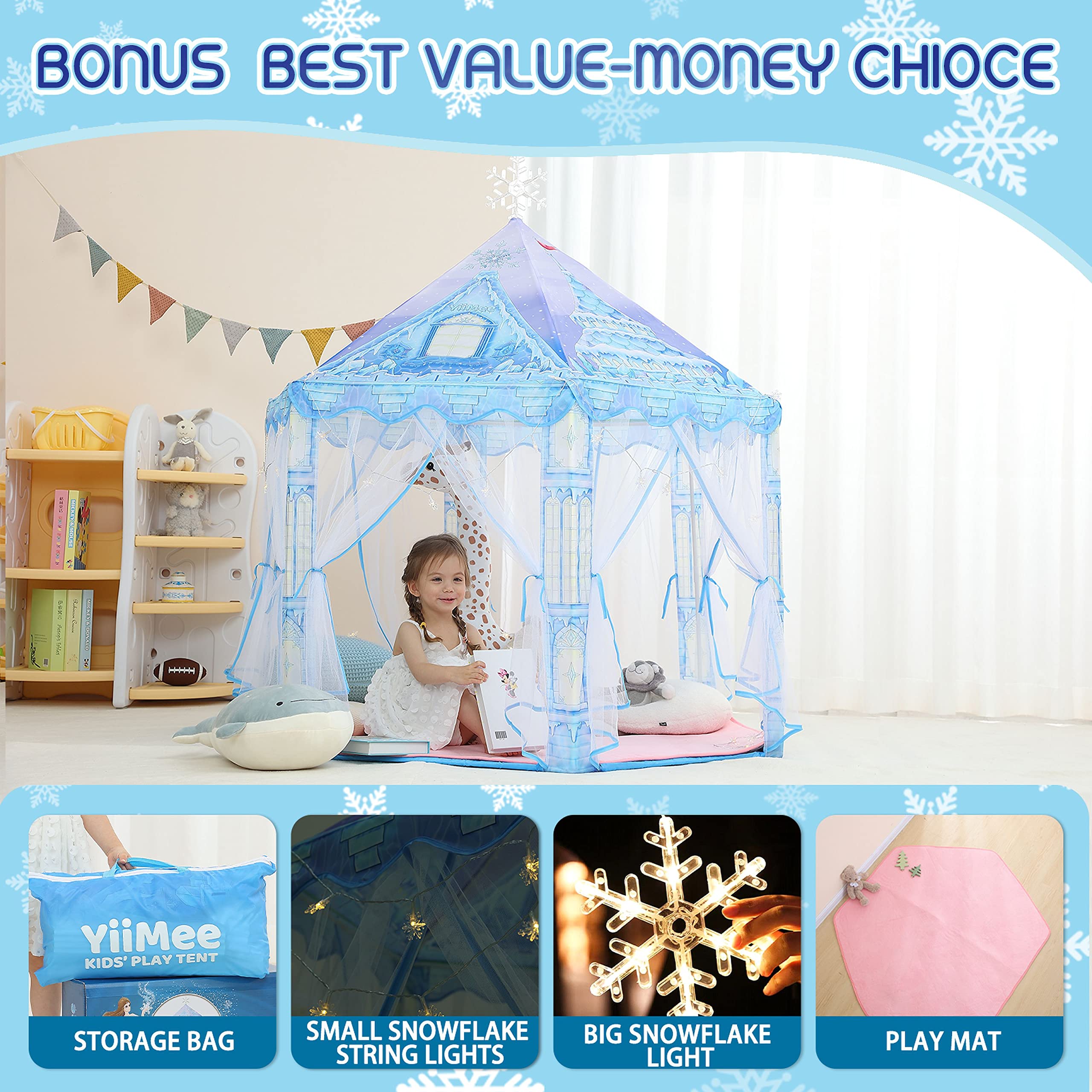 Premium Princess Play Tent - Frozen Toy for Girls with Enchanting Snowflake Lights - Spark Imagination with Princess Play Tent - Perfect for Indoor & Outdoor Play - Play Gifts Tent - Includes Cozy Rug