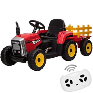 kids battery powered electric tractor with parent remote control & trailer, toddler 12v ride on toy with dual motors /2+1 gear shift/ 7-led lights/usb & music player,red,25w/treaded tires