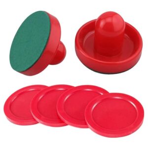 giyomi light weight air hockey red replacement pucks & slider pusher goalies for game tables, accessories,equipment (2 striker, 4 puck pack) (mini)