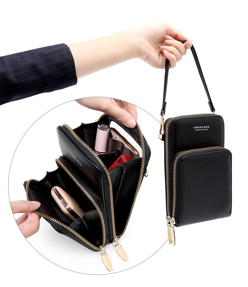 WaitingU Small Crossbody Bag Cell Phone Purse for Women, Touch Screen Bag Shoulder Handbag Wallet with Credit Card Slots (A-black)