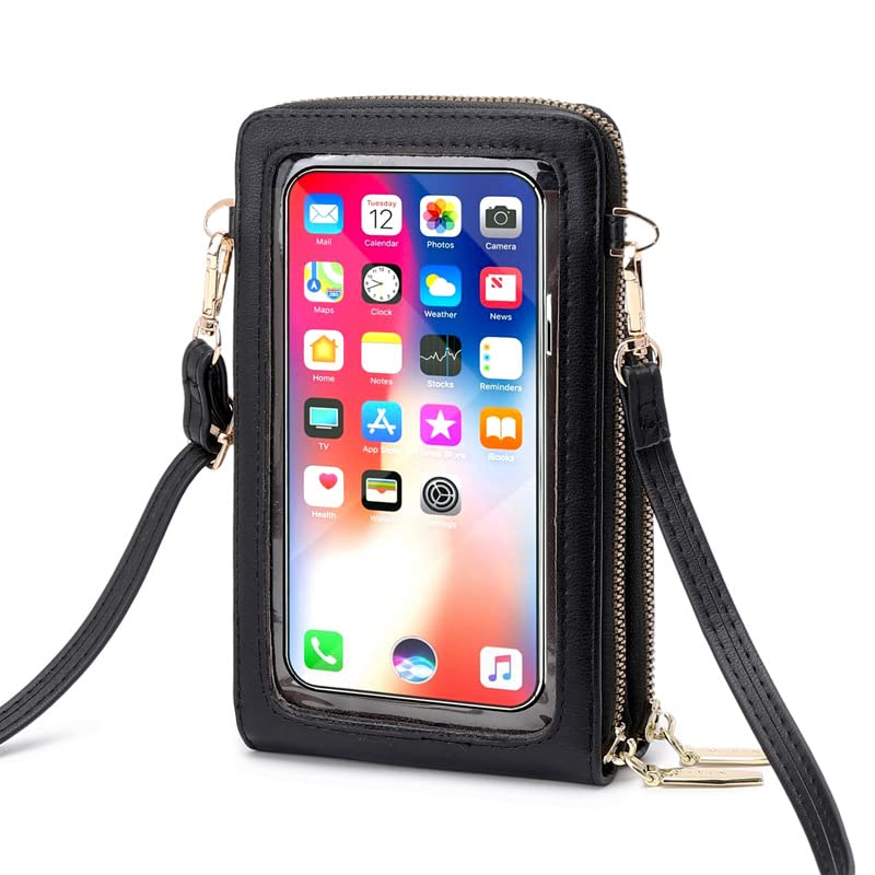 WaitingU Small Crossbody Bag Cell Phone Purse for Women, Touch Screen Bag Shoulder Handbag Wallet with Credit Card Slots (A-black)