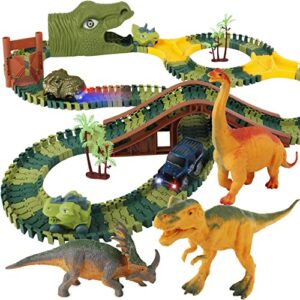 dinosaur race car flexible track toy set 218pcs for kid - create a dino world race road, christmas holiday toy list, best birthday gift for 3 4 5 6 7 year old boy from biranco.