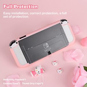 DLseego Clear and Pink Switch OLED Protective Case Scratch Resistant Cover Shell with Kitty Cat Thumb Grips Caps and Charm