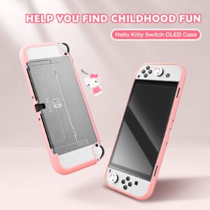 DLseego Clear and Pink Switch OLED Protective Case Scratch Resistant Cover Shell with Kitty Cat Thumb Grips Caps and Charm