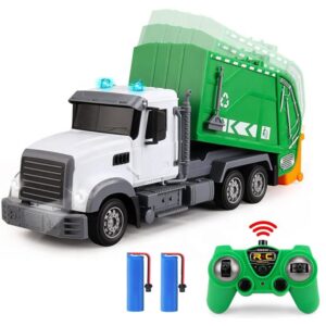 2.4g rc garbage truck toy with lights - 6 channel remote control waste management garbage truck with 2 rechargeable batteries, kids recycling trash toys, excellent xmas gifts for boys girls 3-8