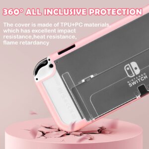 DLseego Clear and Pink Switch OLED Protective Case Scratch Resistant Cover Shell with Kitty Cat Thumb Grips Caps and Charm