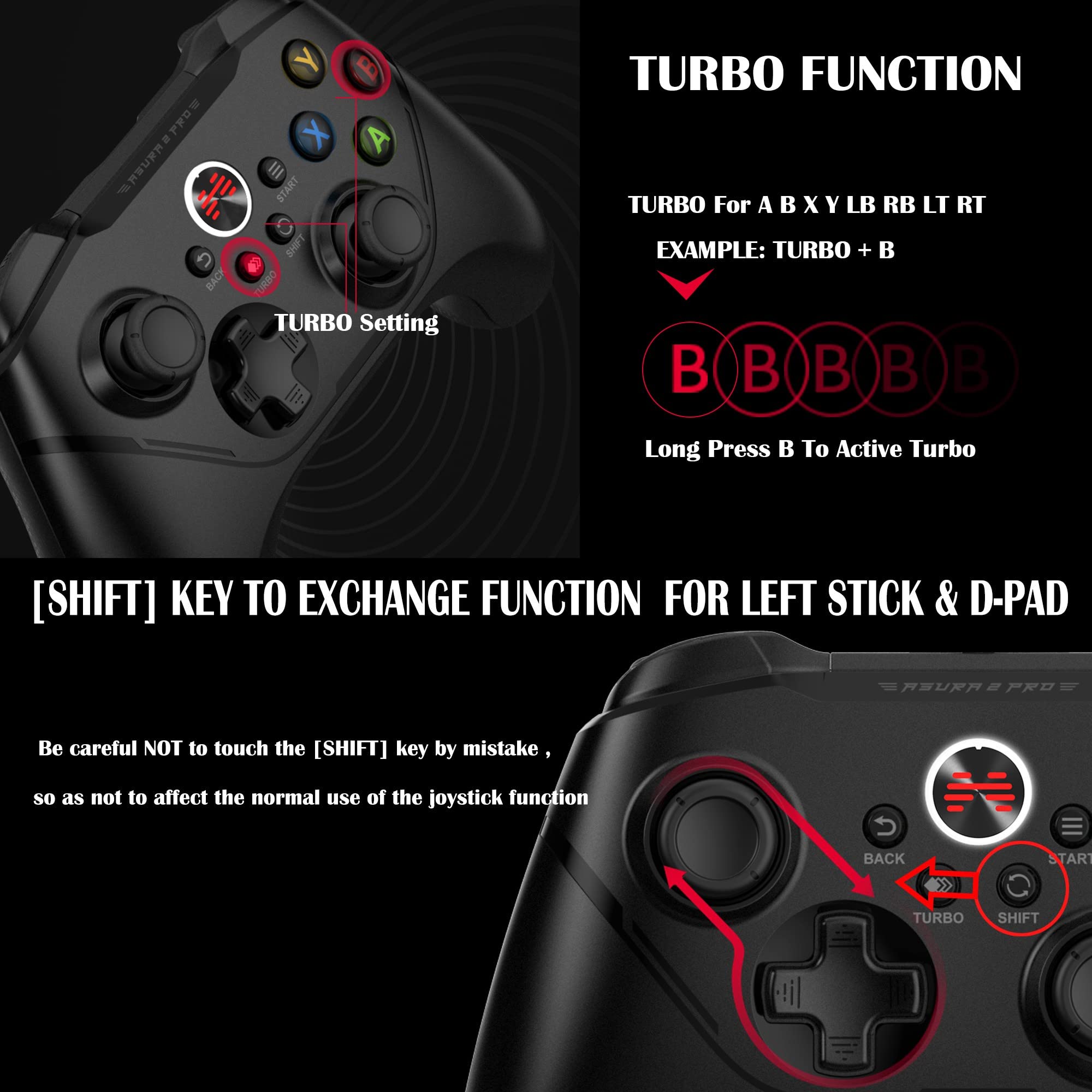 BEITONG Asura 2 Pro PC Game Controller Wireless Gamepad Joystick Hall Effect Trigger For Windows 7 8 10 11,Android TV,Steam,Tesla,Simulator,with Programmable M Buttons (Black)