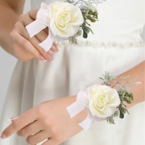 Corsage Wristlet for Wedding Bridal White Corsage Handmade Wedding Rose Wristlet Prom Suit Decorations(White)