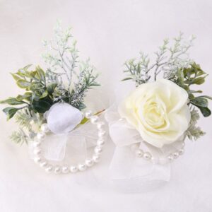 Corsage Wristlet for Wedding Bridal White Corsage Handmade Wedding Rose Wristlet Prom Suit Decorations(White)