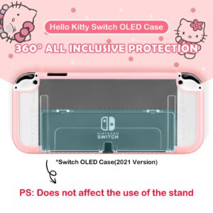 DLseego Clear and Pink Switch OLED Protective Case Scratch Resistant Cover Shell with Kitty Cat Thumb Grips Caps and Charm