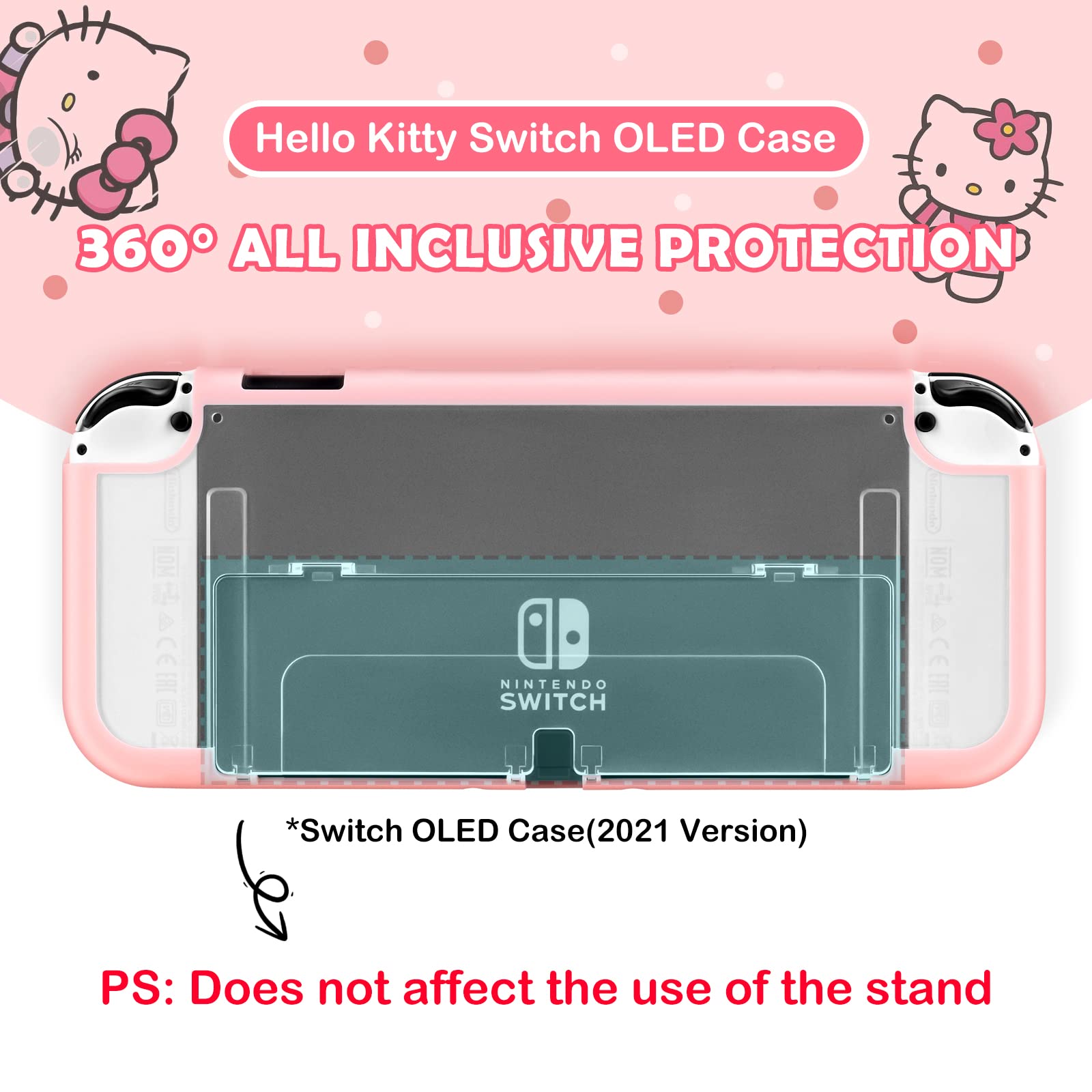 DLseego Clear and Pink Switch OLED Protective Case Scratch Resistant Cover Shell with Kitty Cat Thumb Grips Caps and Charm