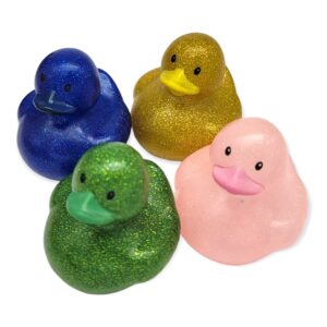 barrel of 20 colorful glitter rubber duckies (in a clear display case) 2". rubber bath tub ducks with a tag. yellow, pink, blue and green