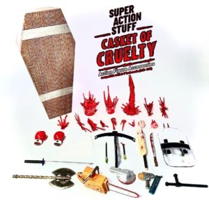 super action stuff casket of cruelty 30+ piece accessories set for 1:12 scale (six and seven inch) action figures. includes coffin, weapons and blood effects.