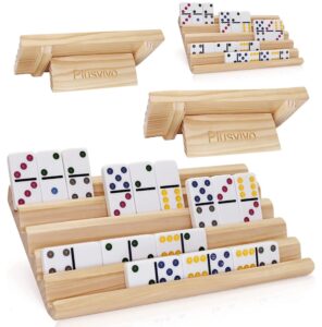 plusvivo domino racks with stand set of 4, mexican train dominoes set trays wooden domino holders for mexican train and other domino games for kids & adults - hobbies, indoor activities & family fun