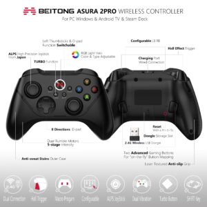 BEITONG Asura 2 Pro PC Game Controller Wireless Gamepad Joystick Hall Effect Trigger For Windows 7 8 10 11,Android TV,Steam,Tesla,Simulator,with Programmable M Buttons (Black)