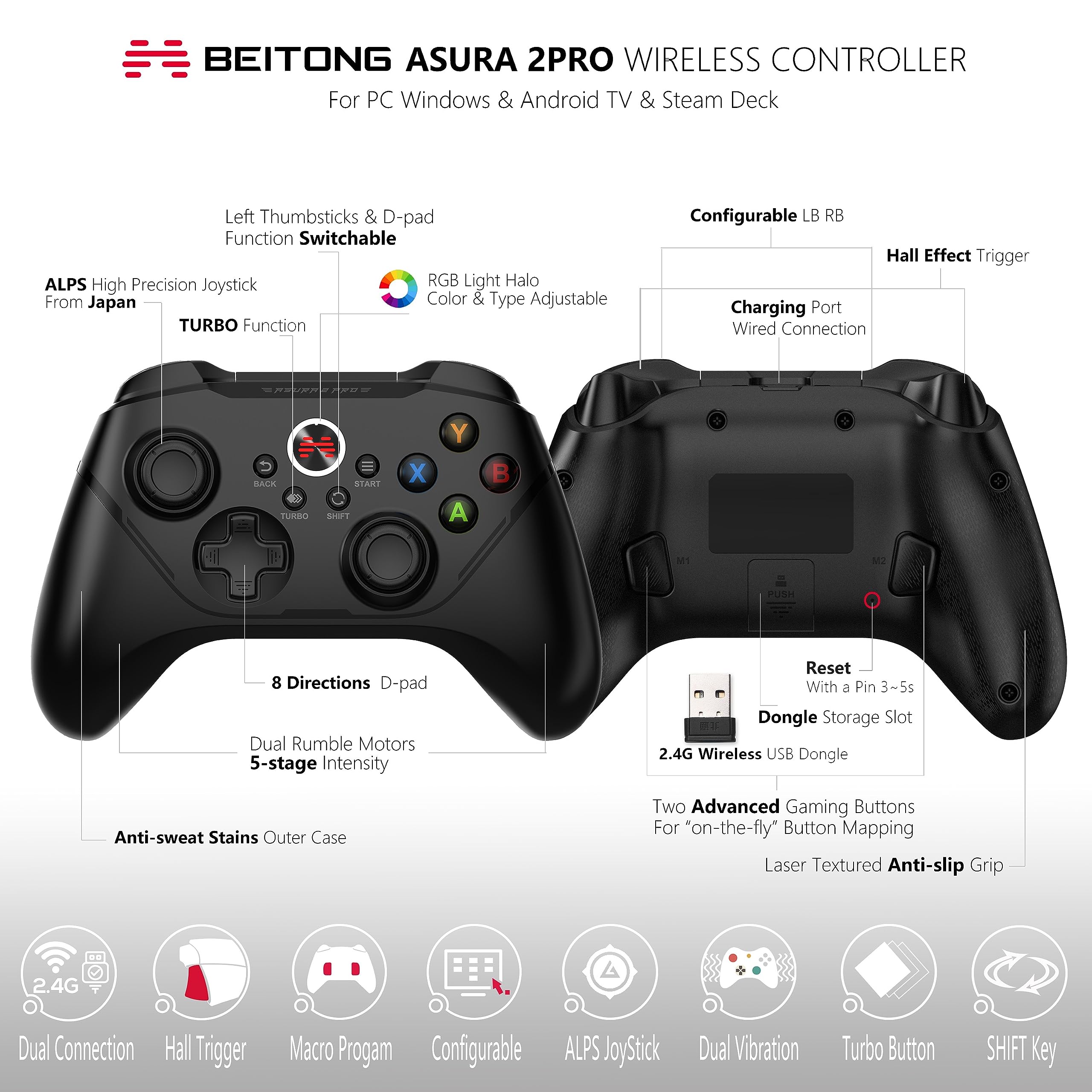 BEITONG Asura 2 Pro PC Game Controller Wireless Gamepad Joystick Hall Effect Trigger For Windows 7 8 10 11,Android TV,Steam,Tesla,Simulator,with Programmable M Buttons (Black)