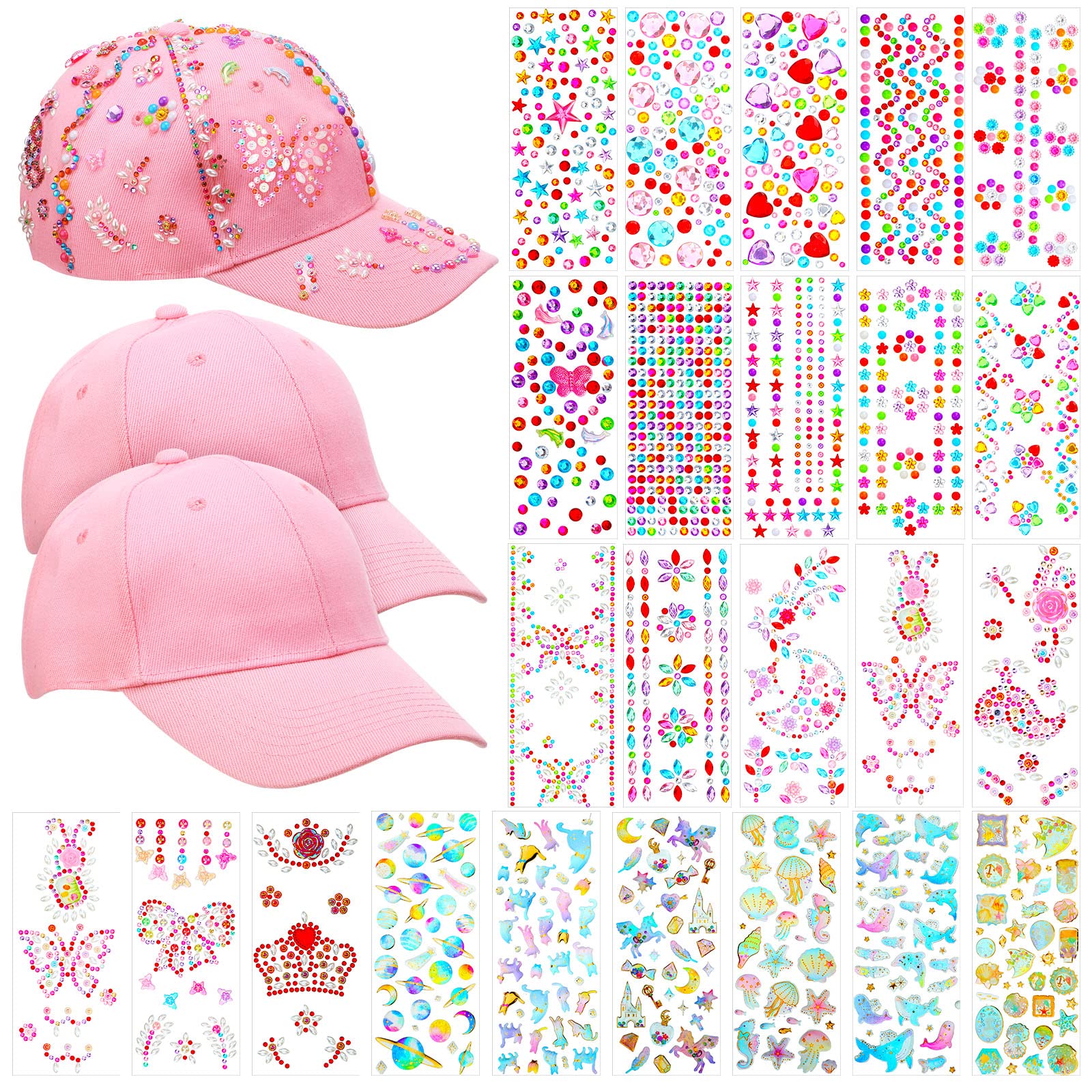 Zhanmai 3 Pcs Decorate Your Own Baseball Cap with 24 Sheets Adhesive Gems Stickers Pink Baseball Cap Paint by Stickers Arts and Crafts for DIY Kits for Birthday Present