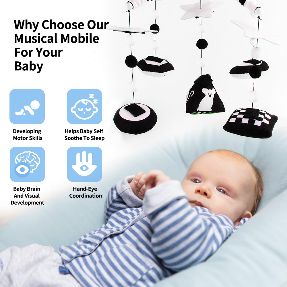 Baby Mobile for Crib Black and White High Contrast Baby Toys, Give Visual Stimulation Detachable Hanging Toys Nursery Mobile for Bassinet Boys & Girls