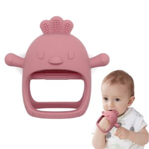 chick shape baby teething toys, never drop hand wrist teether, baby chew toys for sucking needs, food-grade silicone baby mitten teether for soothing teething pain relief, easy to grip (dark pink)