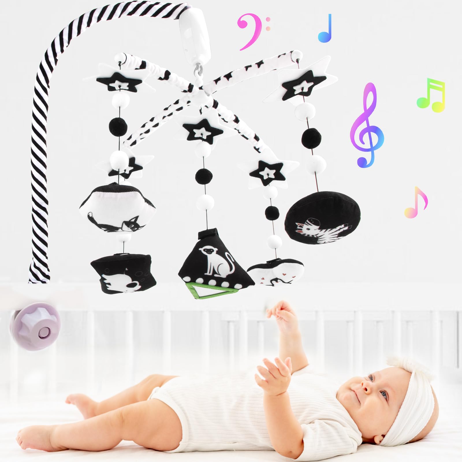 Baby Mobile for Crib Black and White High Contrast Baby Toys, Give Visual Stimulation Detachable Hanging Toys Nursery Mobile for Bassinet Boys & Girls