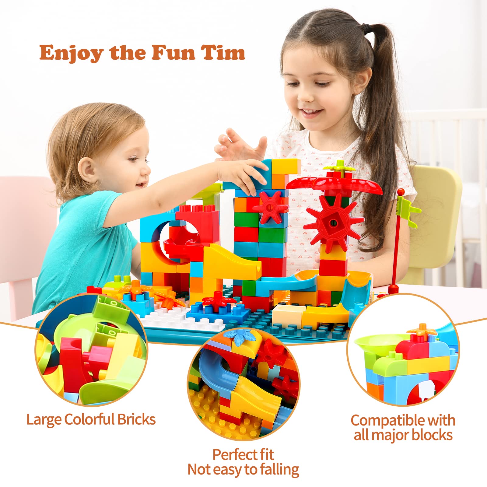 Double-Sided Kids Activity Table with Storage, 105pcs Marble Run Building Blocks Table, 5-in-1 Multi Activity Play Sand Water Eating Table for Kids Toddler Boys Girls Ages 1 2 3 Year Old