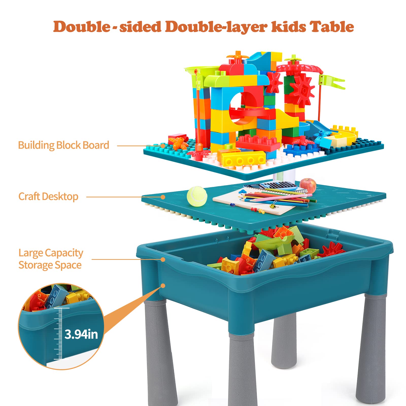 Double-Sided Kids Activity Table with Storage, 105pcs Marble Run Building Blocks Table, 5-in-1 Multi Activity Play Sand Water Eating Table for Kids Toddler Boys Girls Ages 1 2 3 Year Old