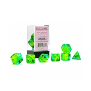 gemini polyhedral dice set | set of 7 dice in a variety of sizes designed for roleplaying games | premium quality dice for tabletop rpgs | translucent green, teal and yellow color | made by chessex