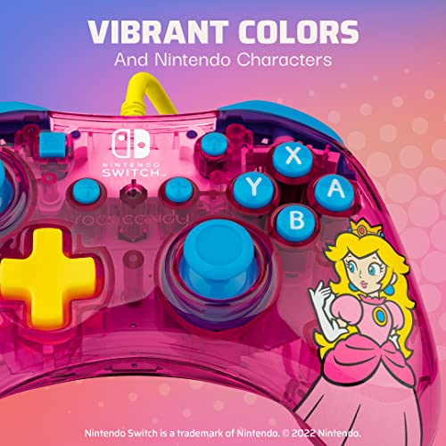 PDP Gaming Rock Candy Wired Power Nintendo Switch Pro Controller, Officially Licensed Lite/OLED Compatible Gamepad, Super Mario Brothers - Bubblegum Princess Peach (Pink)