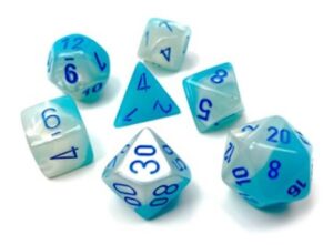 gemini polyhedral dice set | set of 7 dice in a variety of sizes designed for roleplaying games | premium quality dice for tabletop rpgs | luminary turquoise, white and blue color | made by chessex