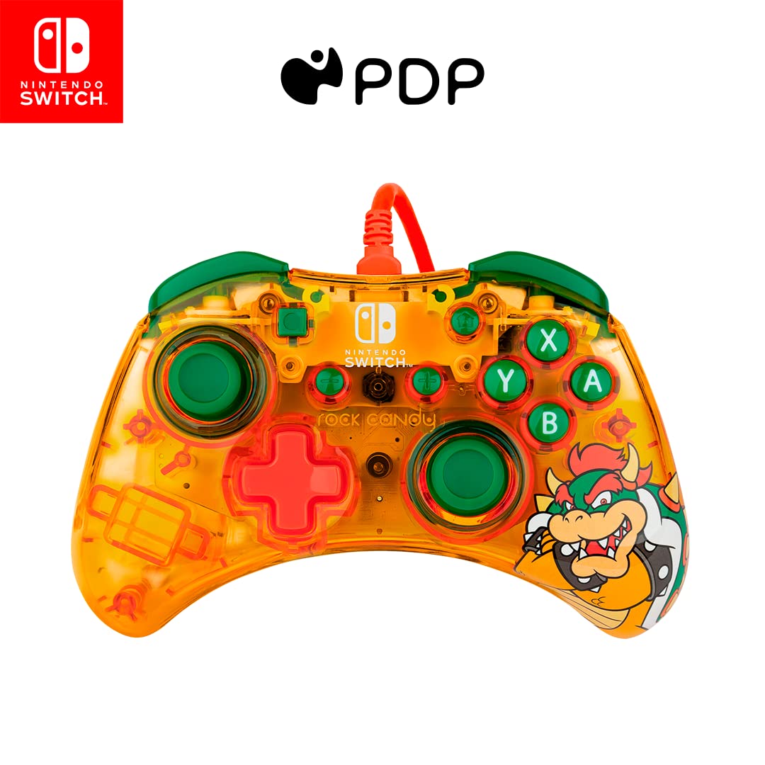 PDP Gaming Rock Candy Wired Power Nintendo Switch Pro Controller, Officially Licensed Lite/OLED Compatible Gamepad, Super Mario Brothers - Lemon Bomb Bowser (Orange/Green)