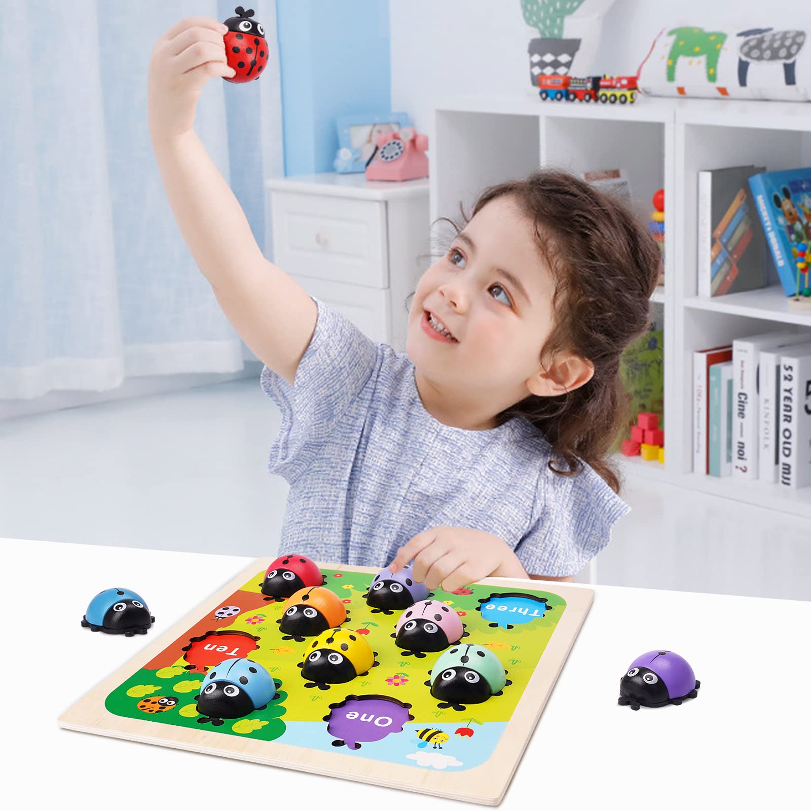 Wooden Counting Ladybugs Montessori Counting Toys for Toddlers Learning Education Toy Ladybugs Puzzle Numbers Matching Preschool Math Board Games Develop Fine Motor Skills for 3 4 5 Year Old Kids