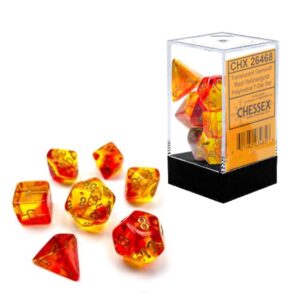 gemini polyhedral dice set | set of 7 dice in a variety of sizes designed for roleplaying games | premium quality dice for tabletop rpgs | translucent red, yellow and gold color | made by chessex