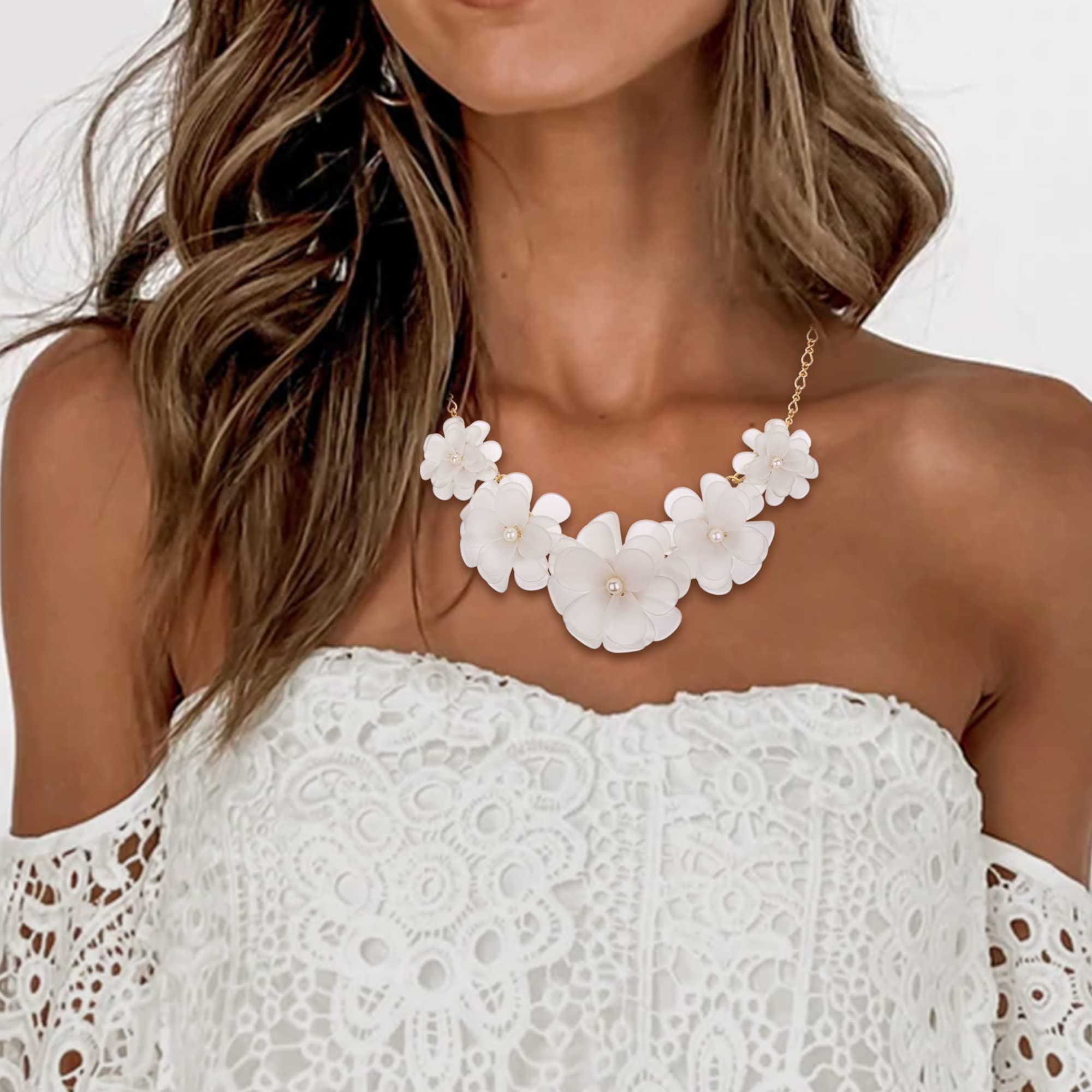 Flyonce Flower Collar Necklace, Floral Flower Statement Summer Beach Chokers Necklaces for Women White