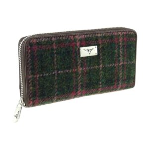 kwh glen appin of scotland dark green & plum tartan check harris tweed ladies staffa zip round purse wallet