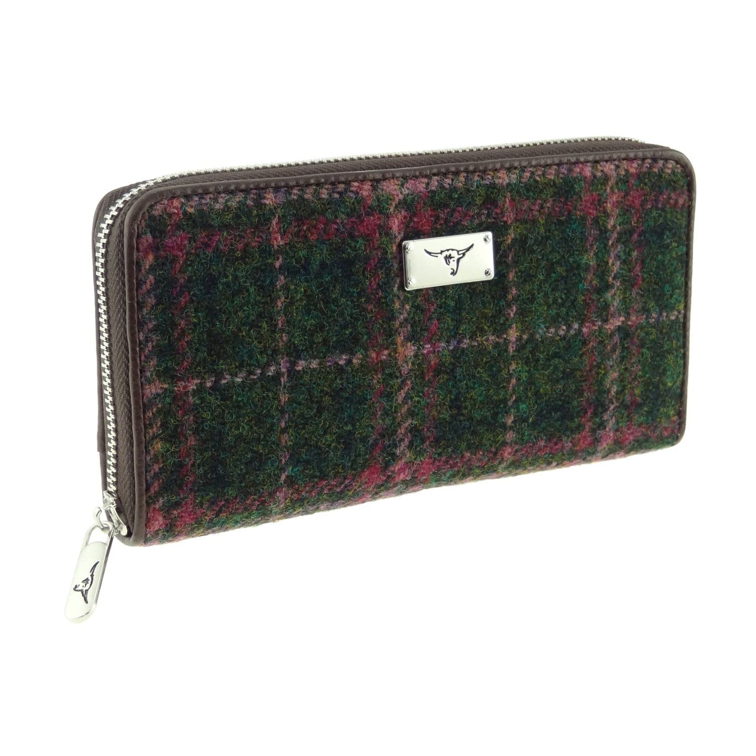 KWH Glen Appin of Scotland Dark Green & Plum Tartan Check Harris Tweed Ladies Staffa Zip Round Purse Wallet