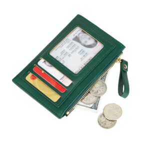 Women's Leather Slim Minimalist Card Holder Case Cute Small Zipper Coin Change Wallet, Green