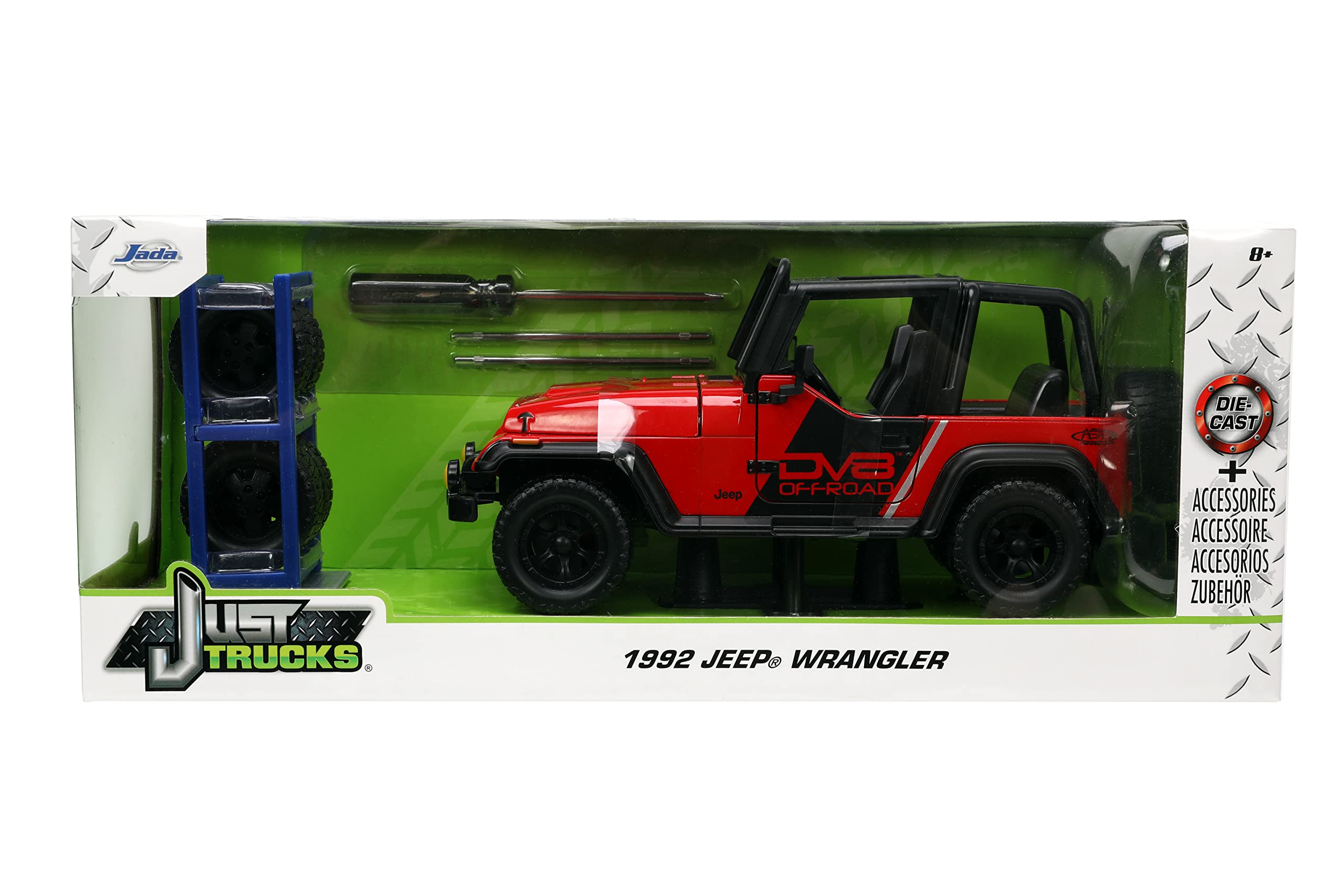 Jada Toys Just Trucks 1:24 1992 Jeep Wrangler Die-cast Car Red/Black with Tire Rack, Toys for Kids and Adults