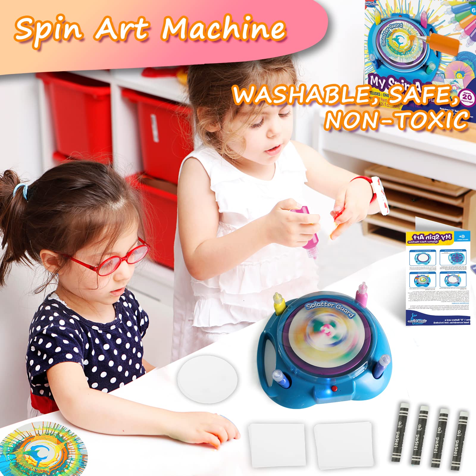 Spin Art Machine Variable Speed, Battery Operated Spinner - Paint Spinner with Splatter Guard, Washable Paint, Spin Art Kit, Art Design Card, Stem Toys, Kid Arts and Crafts, Girls Boys