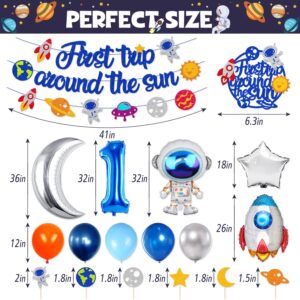 59 PCS First Trip Around The Sun Birthday Decoration First Outer Space Birthday Banner One Year Old Cake Topper Balloon Astronaut Universe Star Plant Rocket Solar System Theme Party Supplies