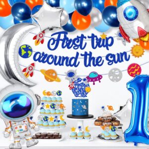 59 PCS First Trip Around The Sun Birthday Decoration First Outer Space Birthday Banner One Year Old Cake Topper Balloon Astronaut Universe Star Plant Rocket Solar System Theme Party Supplies