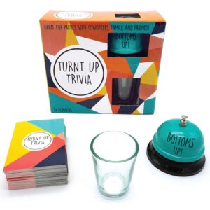 tmd retail turnt up trivia card games for adults - call bell card games for adults - trivia games for family - friends trivia for bachelor, birthday parties - trivia game with 1.5 oz shot glass 44 ml