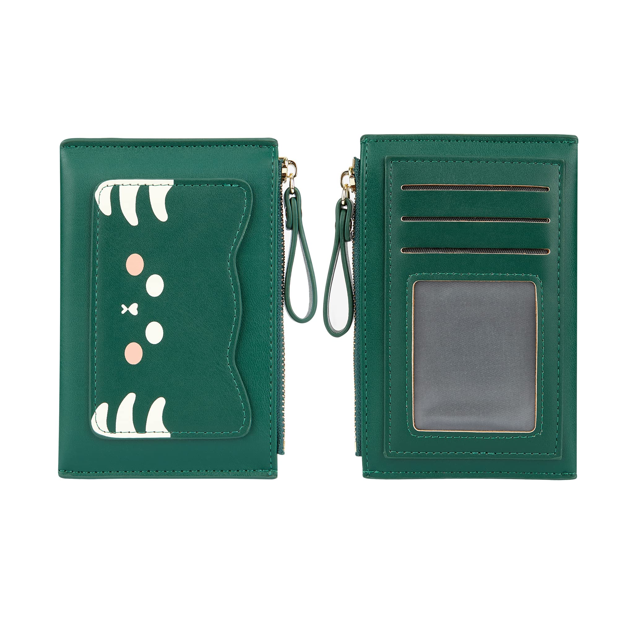 Women's Leather Slim Minimalist Card Holder Case Cute Small Zipper Coin Change Wallet, Green