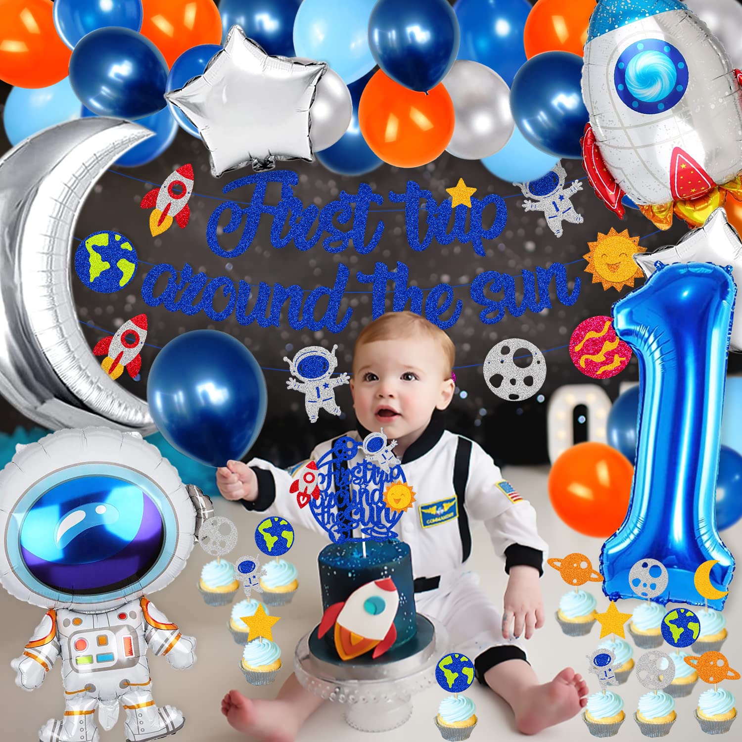 59 PCS First Trip Around The Sun Birthday Decoration First Outer Space Birthday Banner One Year Old Cake Topper Balloon Astronaut Universe Star Plant Rocket Solar System Theme Party Supplies