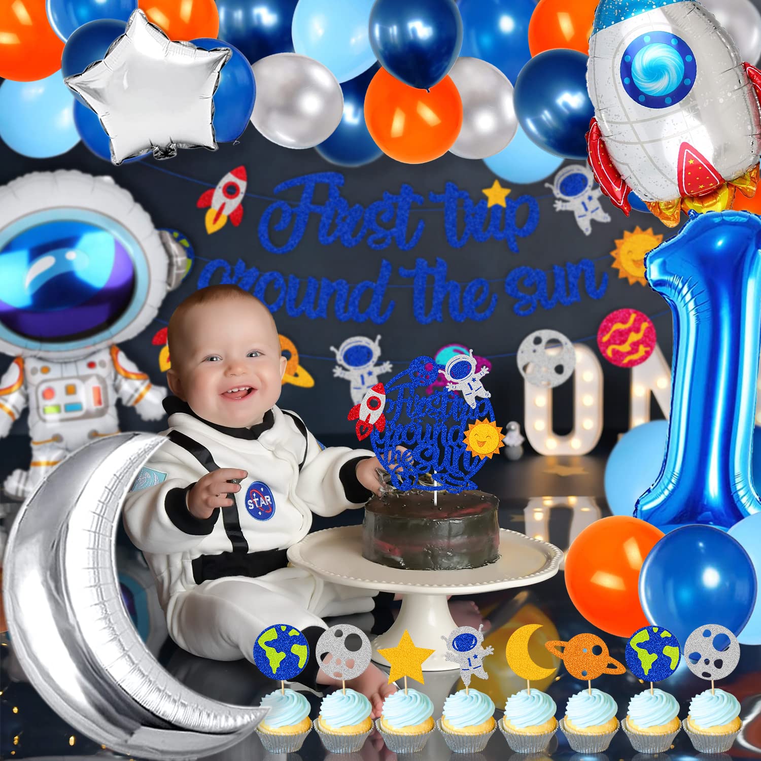 59 PCS First Trip Around The Sun Birthday Decoration First Outer Space Birthday Banner One Year Old Cake Topper Balloon Astronaut Universe Star Plant Rocket Solar System Theme Party Supplies