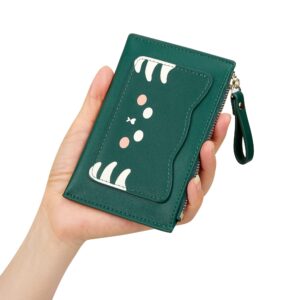 Women's Leather Slim Minimalist Card Holder Case Cute Small Zipper Coin Change Wallet, Green