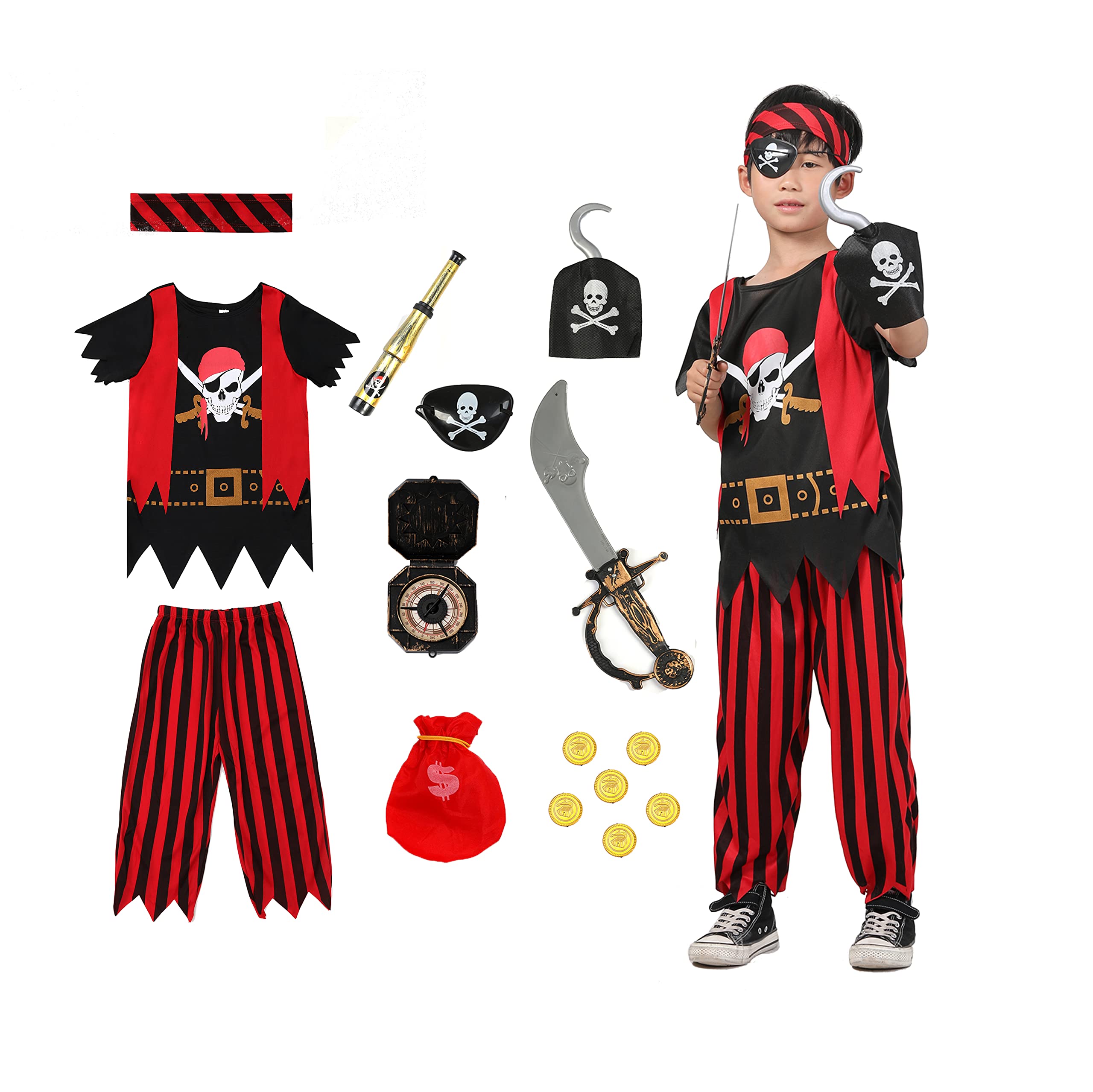 ZYKKGEY Pirate Costume for Kids, Pirate Costume Set Pretend Role Play Dress Up Party with Knife,Telescope,Hook