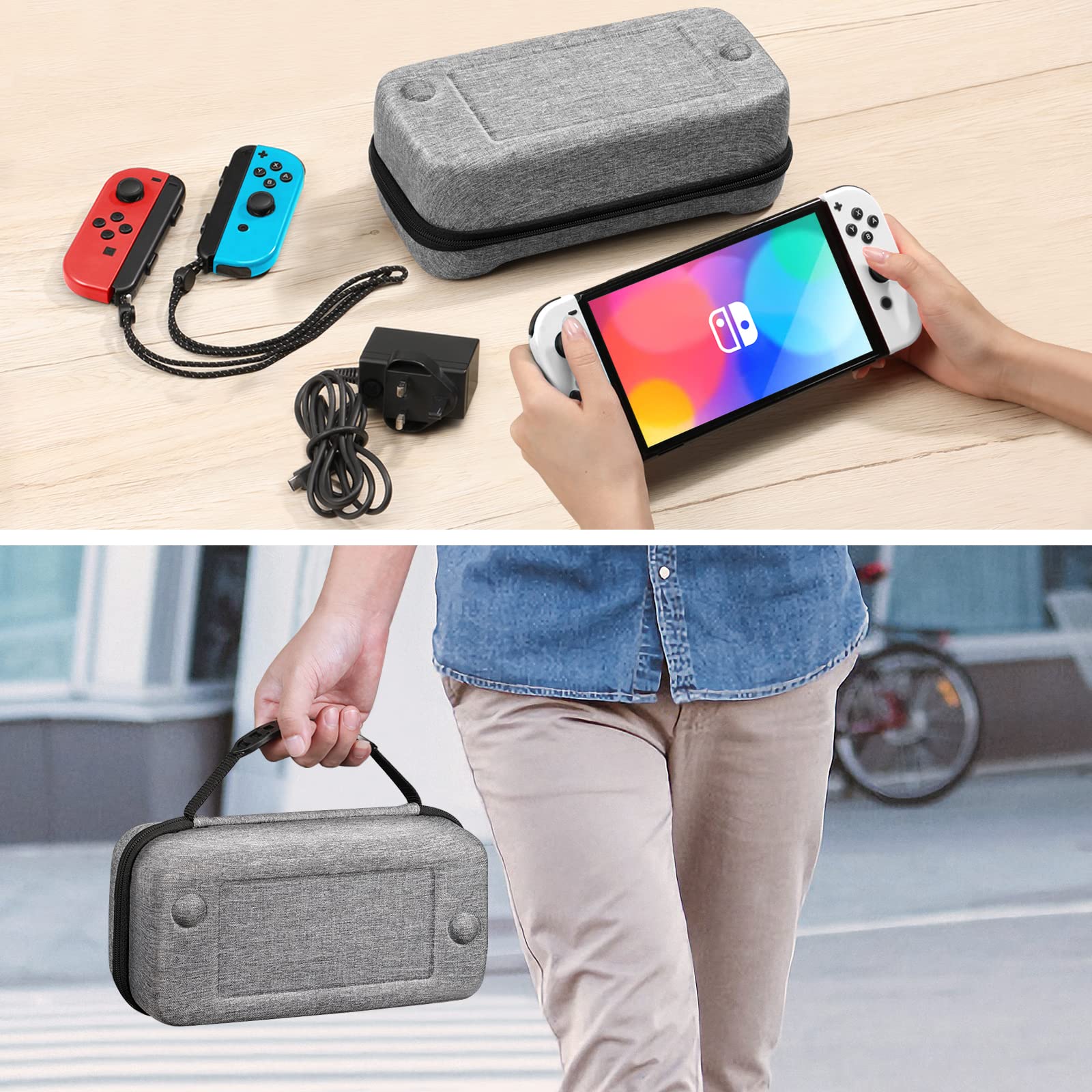 Fintie Large Carrying Case for Nintendo Switch/Switch OLED Model - Fits AC Adapter Charger, Shockproof Hard Shell Protective Cover w/20 Games Storage for Switch Console Joy-Con & Accessories, Gray